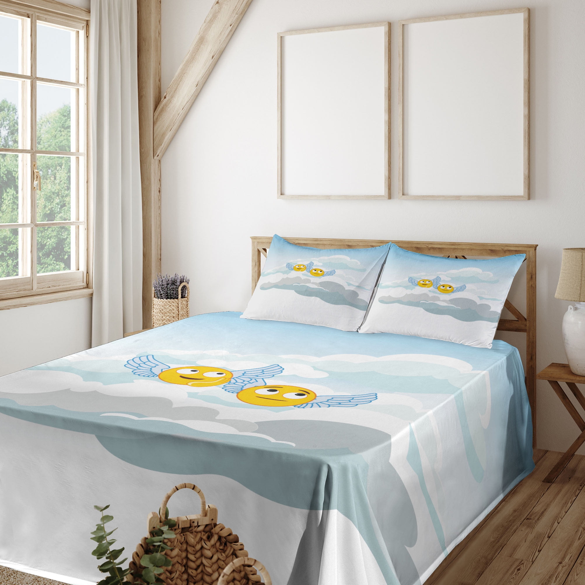 Emoji Sheet Set, Dreamy Artwork of Winged Classic Yellow Faces in Cloudy Sky Scene Print Modern ...