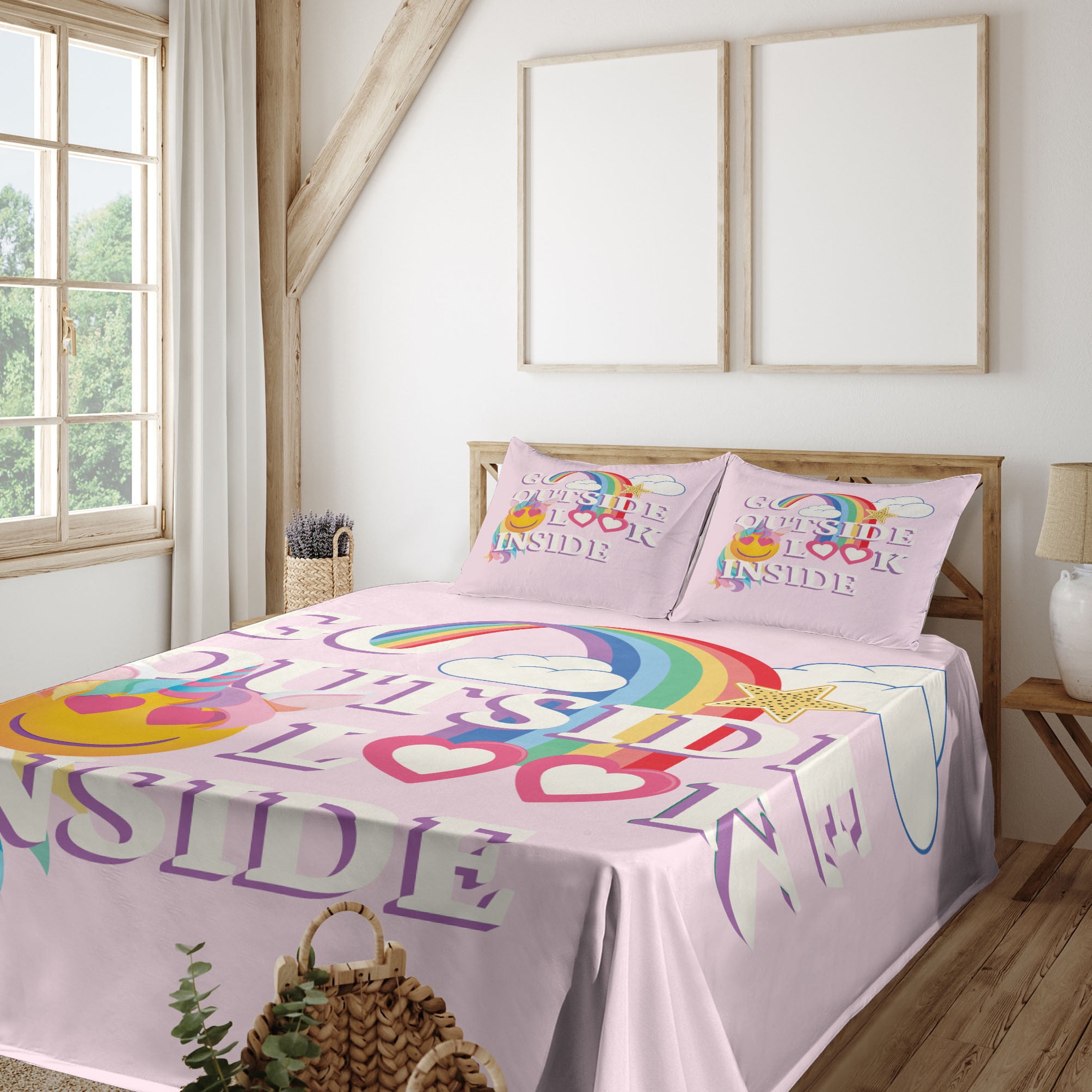 Emoji Sheet Set, Go Outside Look Inside Lettering with Smiling Unicorn ...