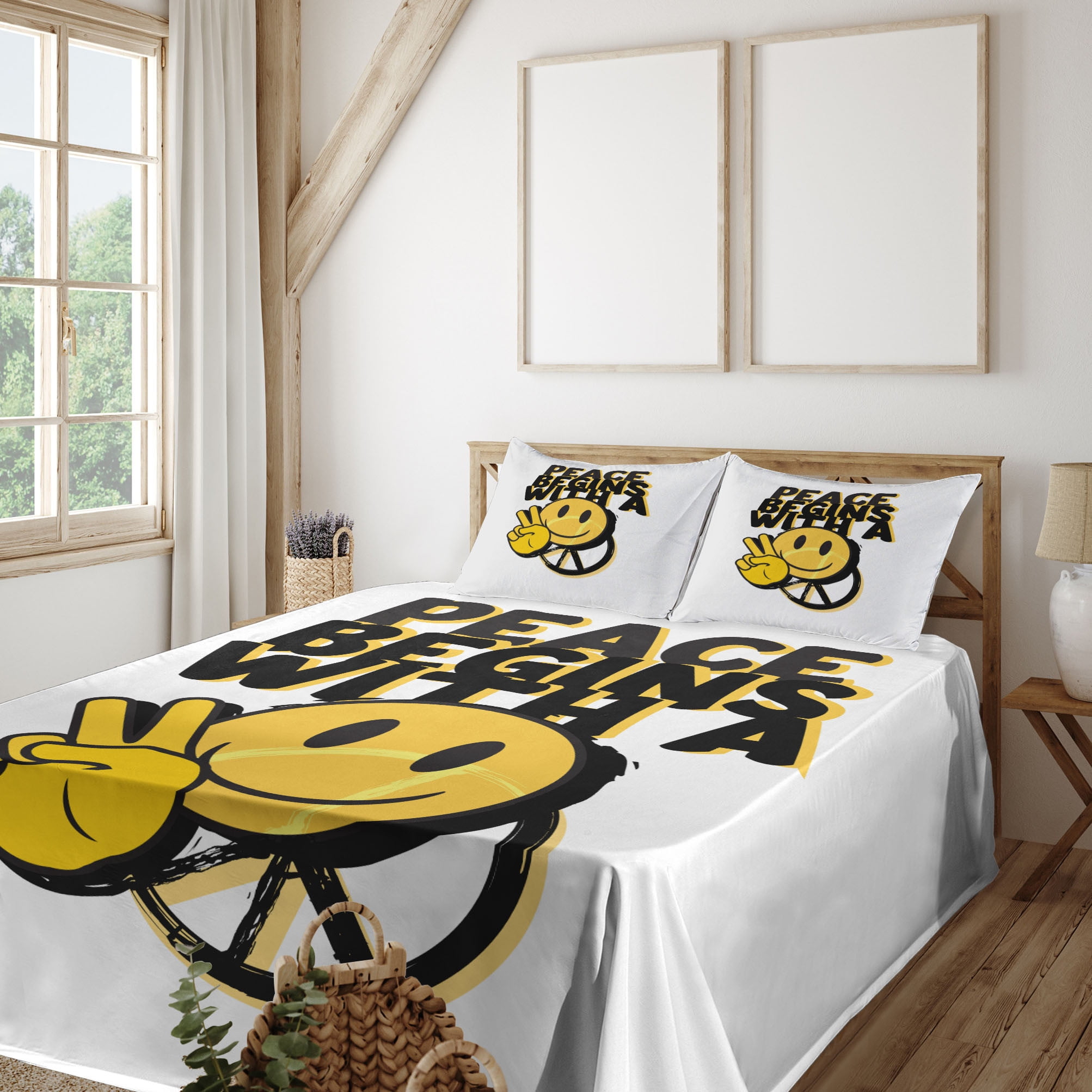 Emoji Sheet Set, Hippie Themed Peace Begins with Lettering with a Happy ...