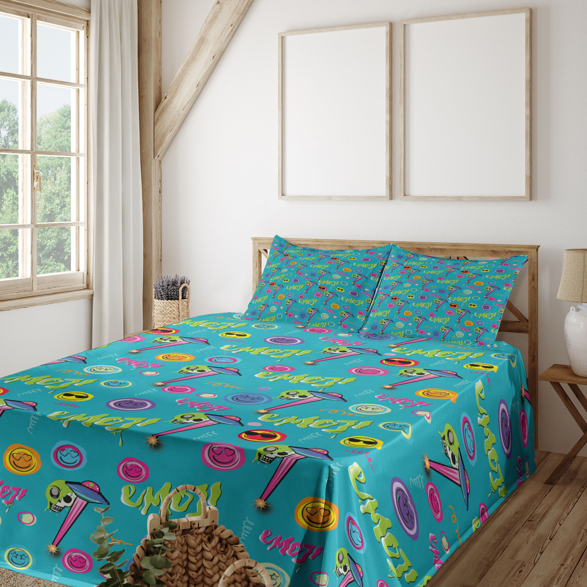 Emoji Sheet Set, Outer Space Vibe Modern UFO Pattern with Alien Skulls ...