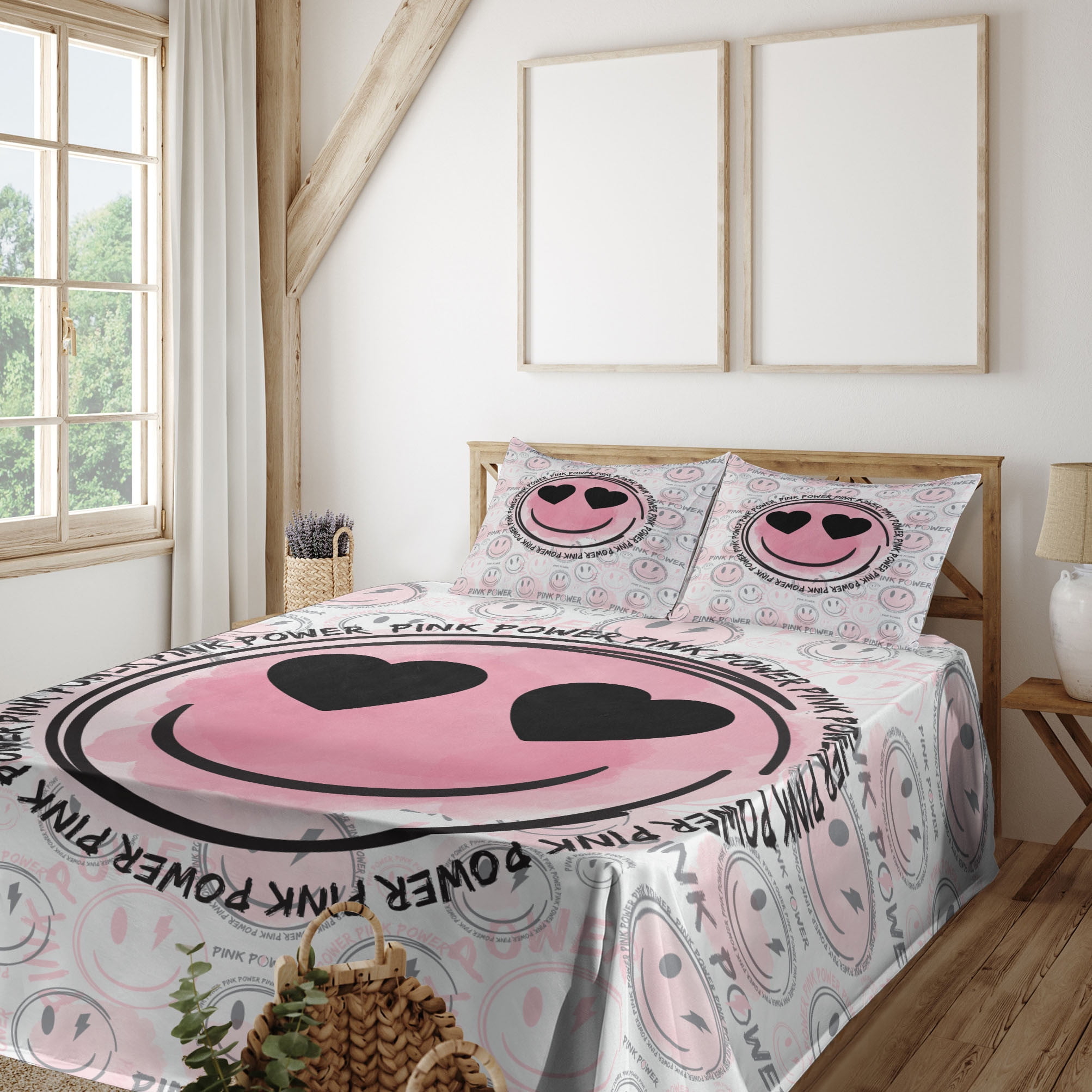 Emoji Sheet Set, Pink Power Wording and Face with Heart Shaped Eyes on ...