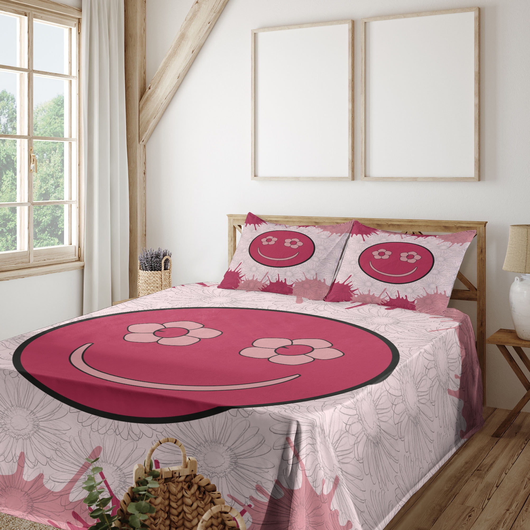 Ambesonne Emoji Fitted & Top Sheet Set with Shams, Spring Funny Face ...