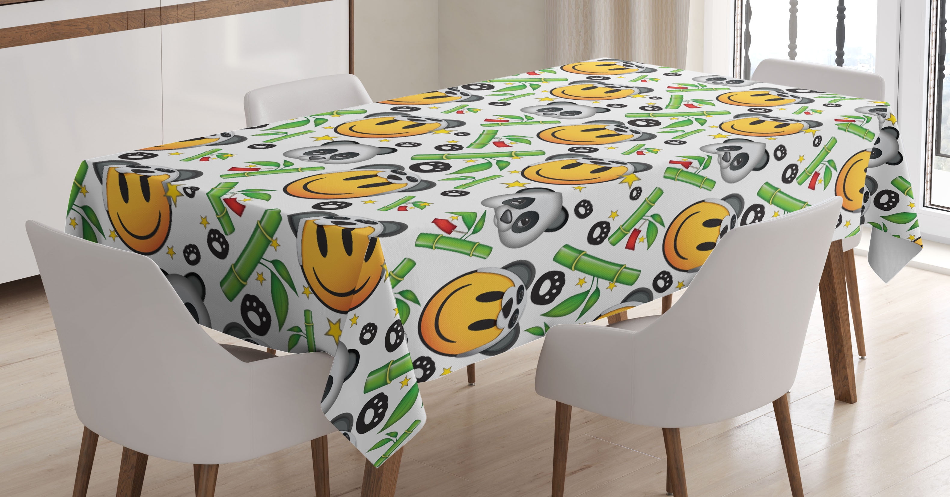 Emoji Tablecloth, Panda and Bamboo Branches with Funny Paw Prints Stars ...