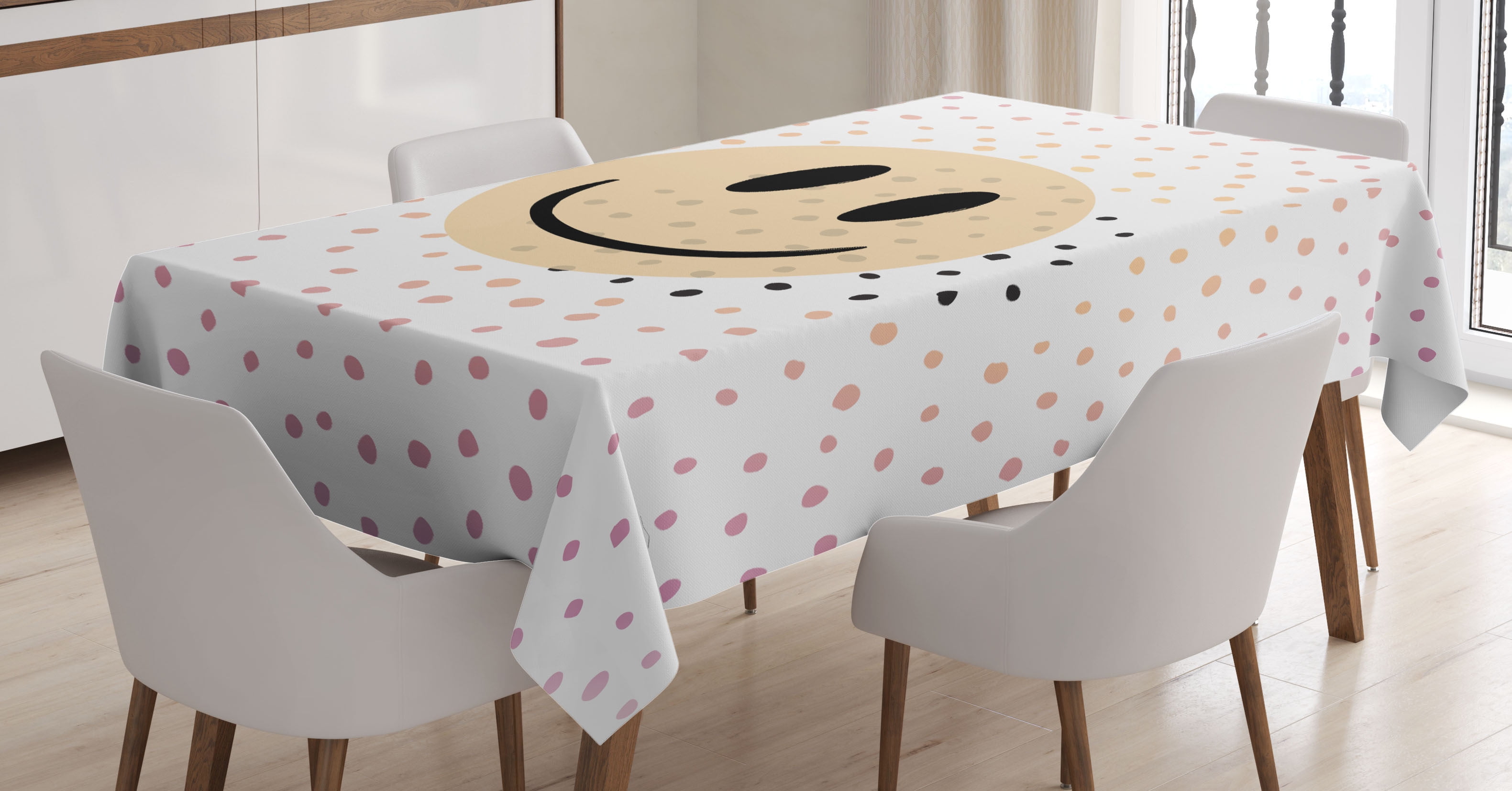 Emoji Tablecloth, Simple Design Round Shaped Happy Face on Neutral ...