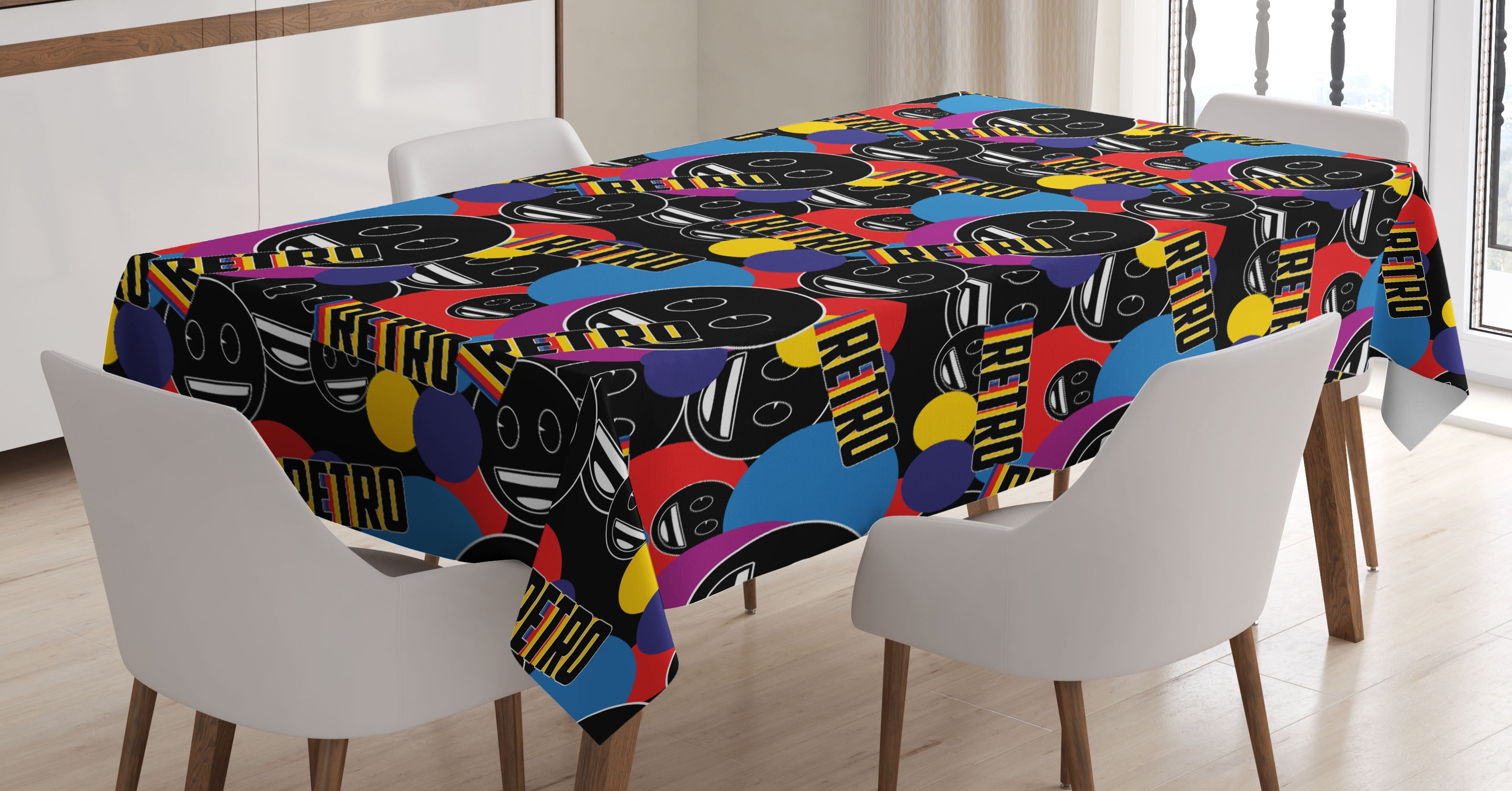 Emoji Tablecloth, Vintage Monochrome Smiling Funny Faces with Colorful ...