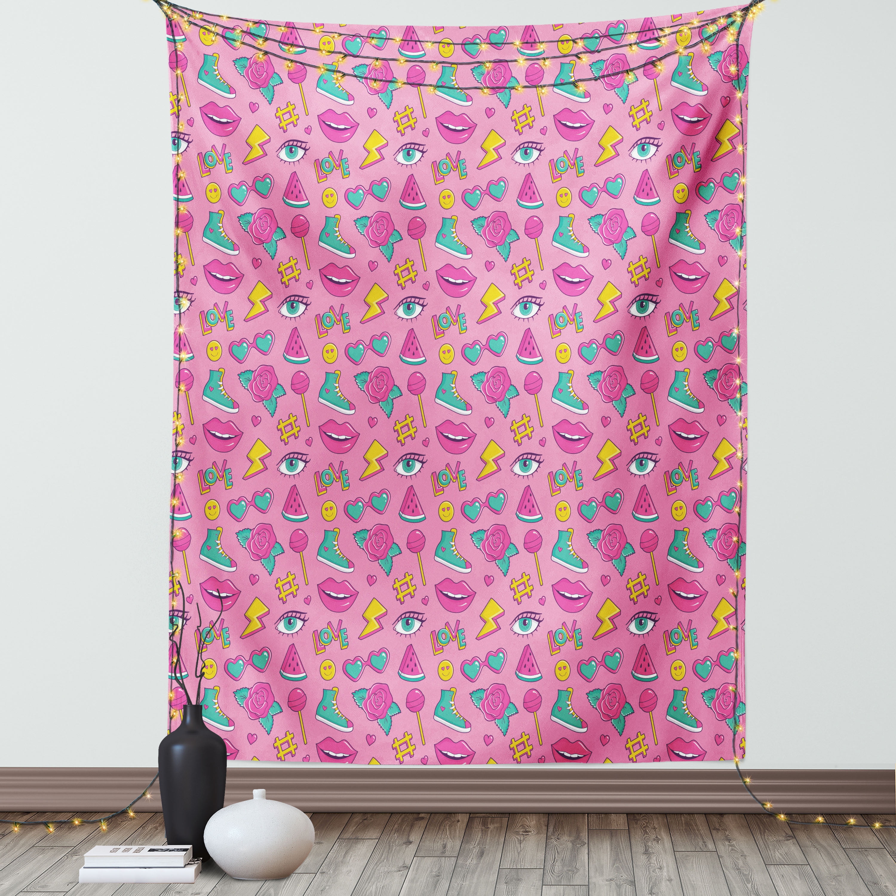 Emoji Tapestry, Retro Style Comic Book Icons Pattern on Pink Backdrop ...