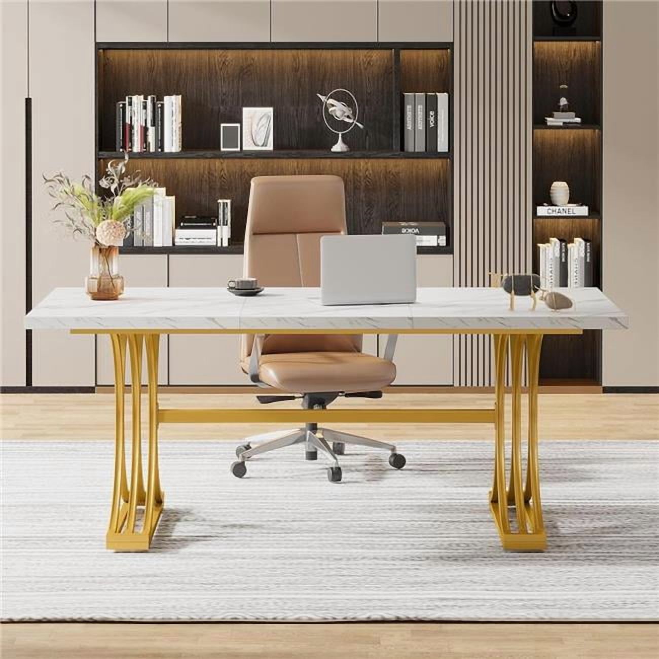 Emoottoo TB-XK00727 63 in. Modern Executive Desk with Stylish Gold X ...