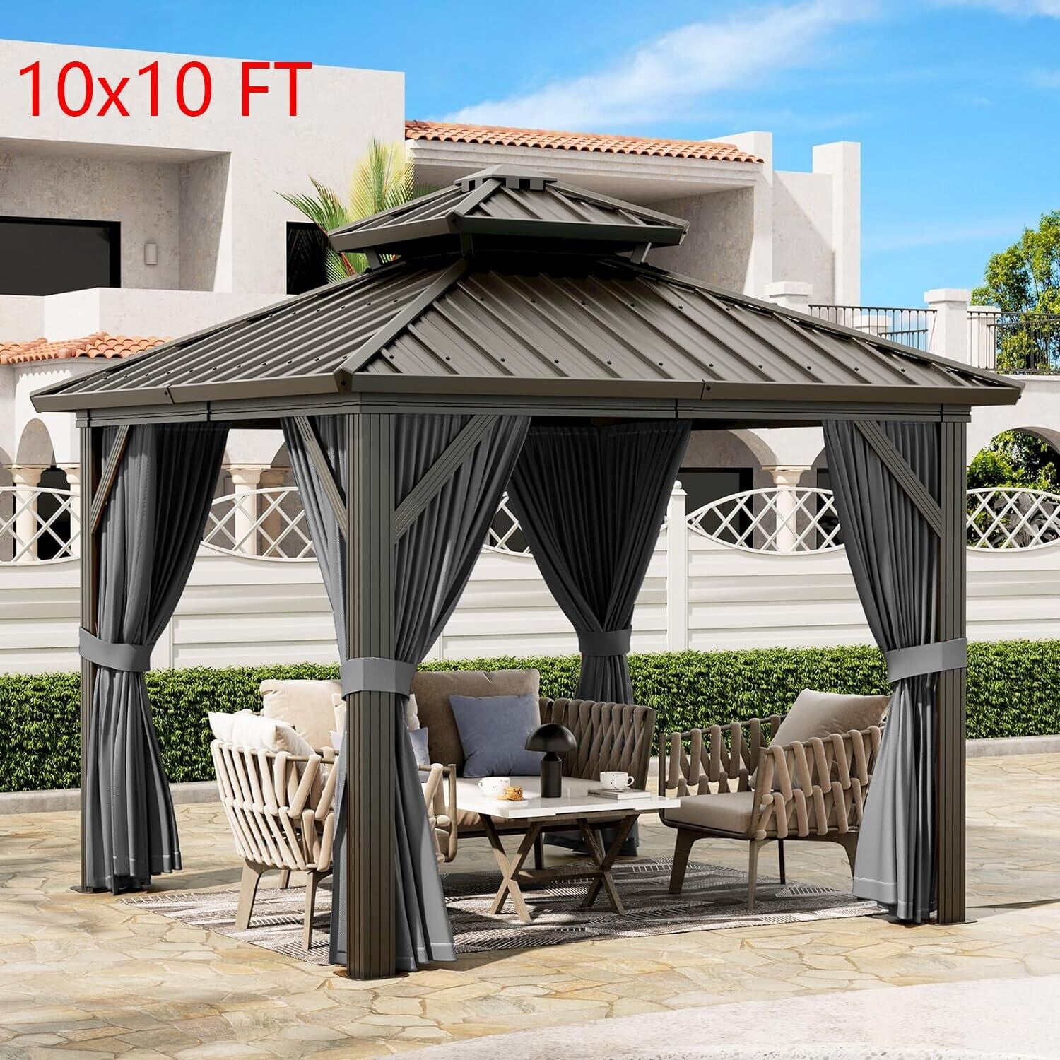 Emorefun 10x10 FT Hardtop Gazebo Double Roof Galvanized Iron Alum with ...