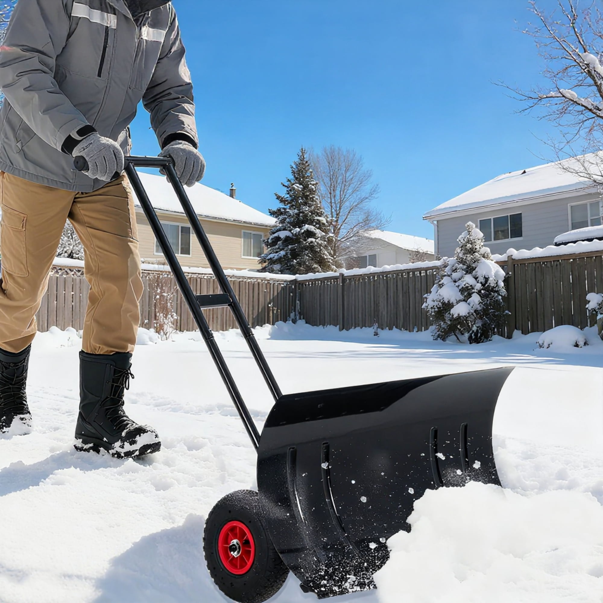 Emorefun 29" Metal Snow Shovel, Heavy Duty Push Snow Shovel with Wheels ...