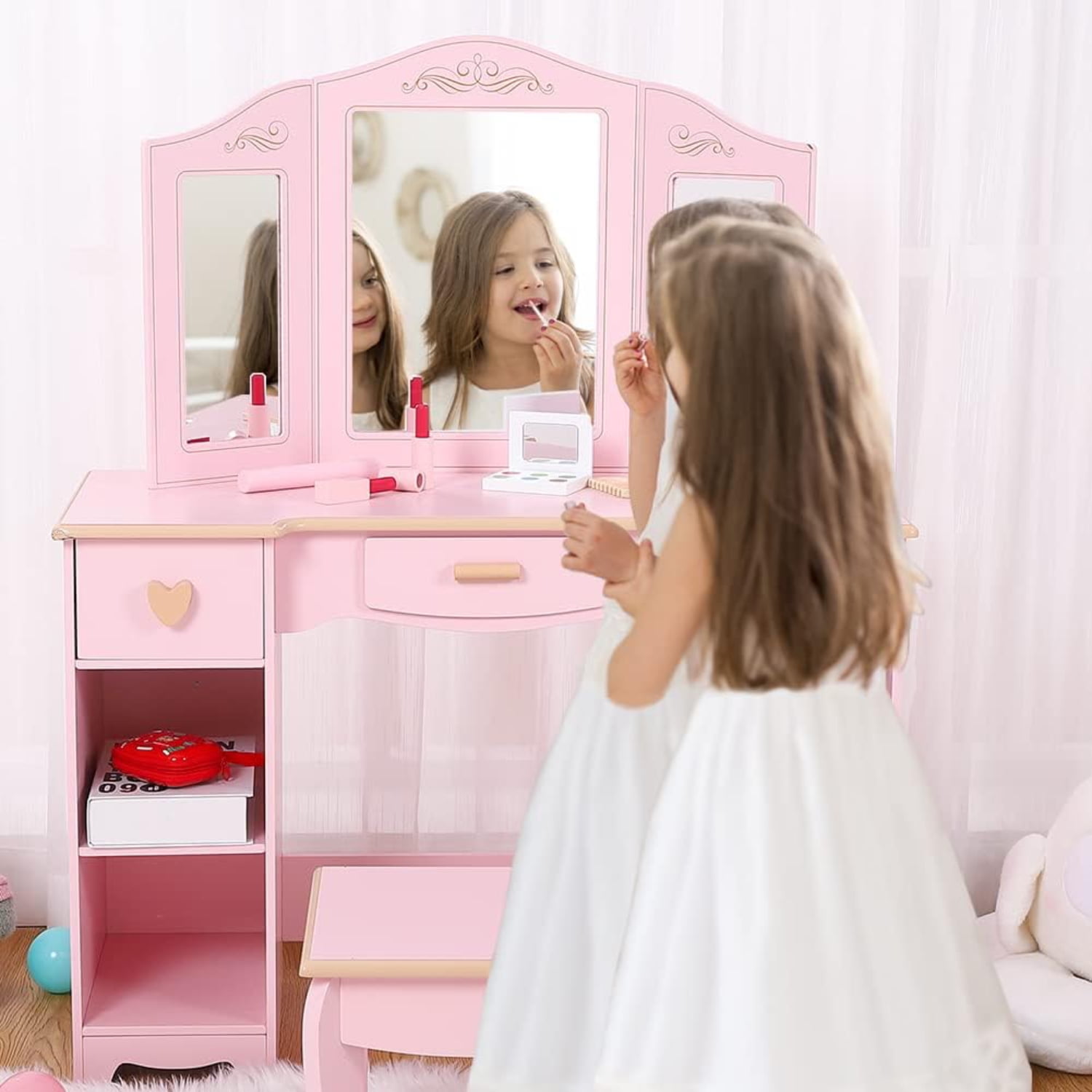 Emorefun Kids Makeup Dressing Table With Tri-Fold Removable Mirror and ...