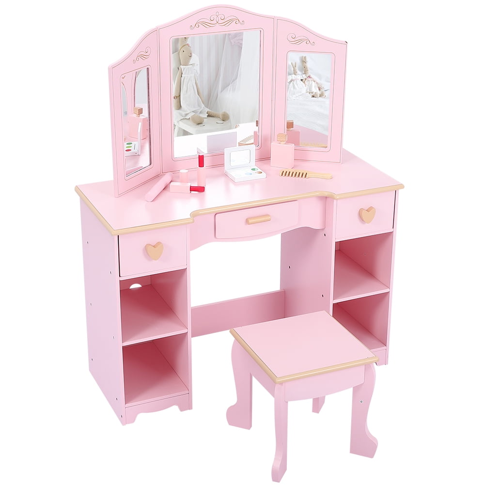 Emorefun Kids Makeup Dressing Table With Tri-Fold Removable Mirror and ...
