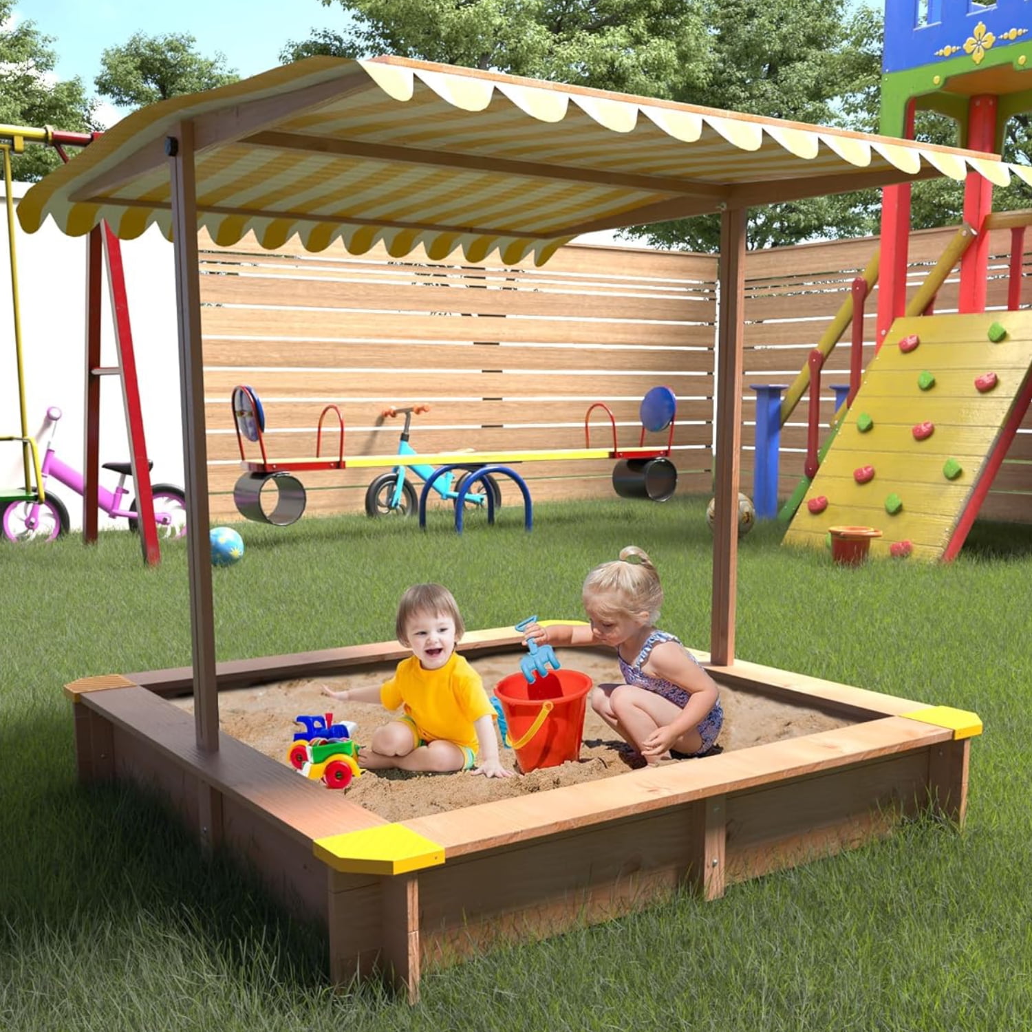 Emorefun Outdoor Sandbox, Large Wooden Sand Box with Adjustable Canopy ...