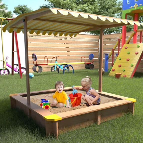 Emorefun Outdoor Sandbox, Large Wooden Sand Box with Adjustable Canopy ...