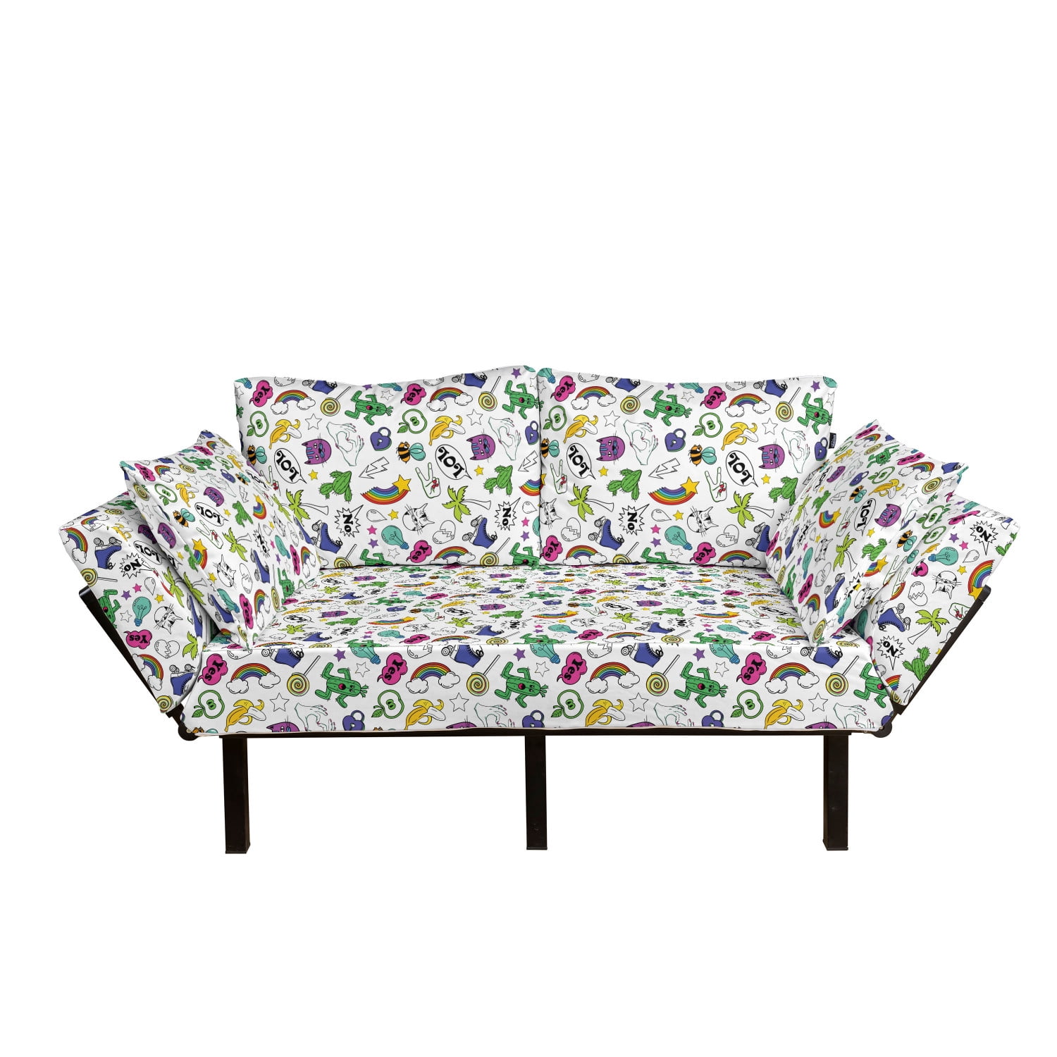 Emoticon Futon Couch, Vivid Colored Composition of Fun Retro Cartoon in ...