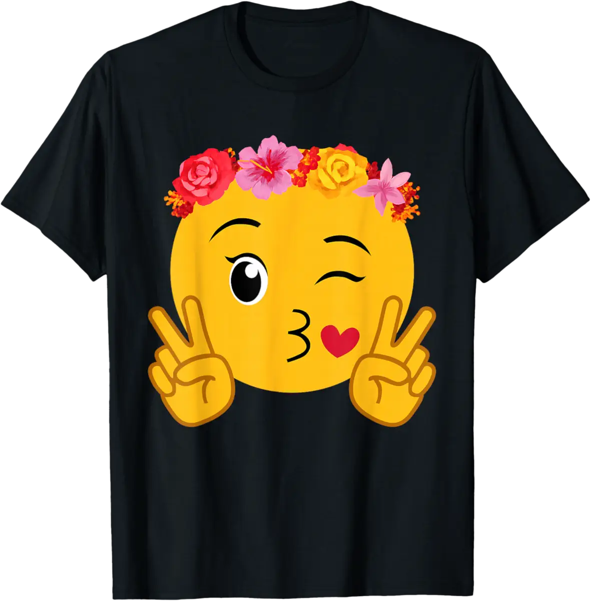 Emoticon Peace Winking Flower Crown Lips Blowing Kiss T-Shirt ...