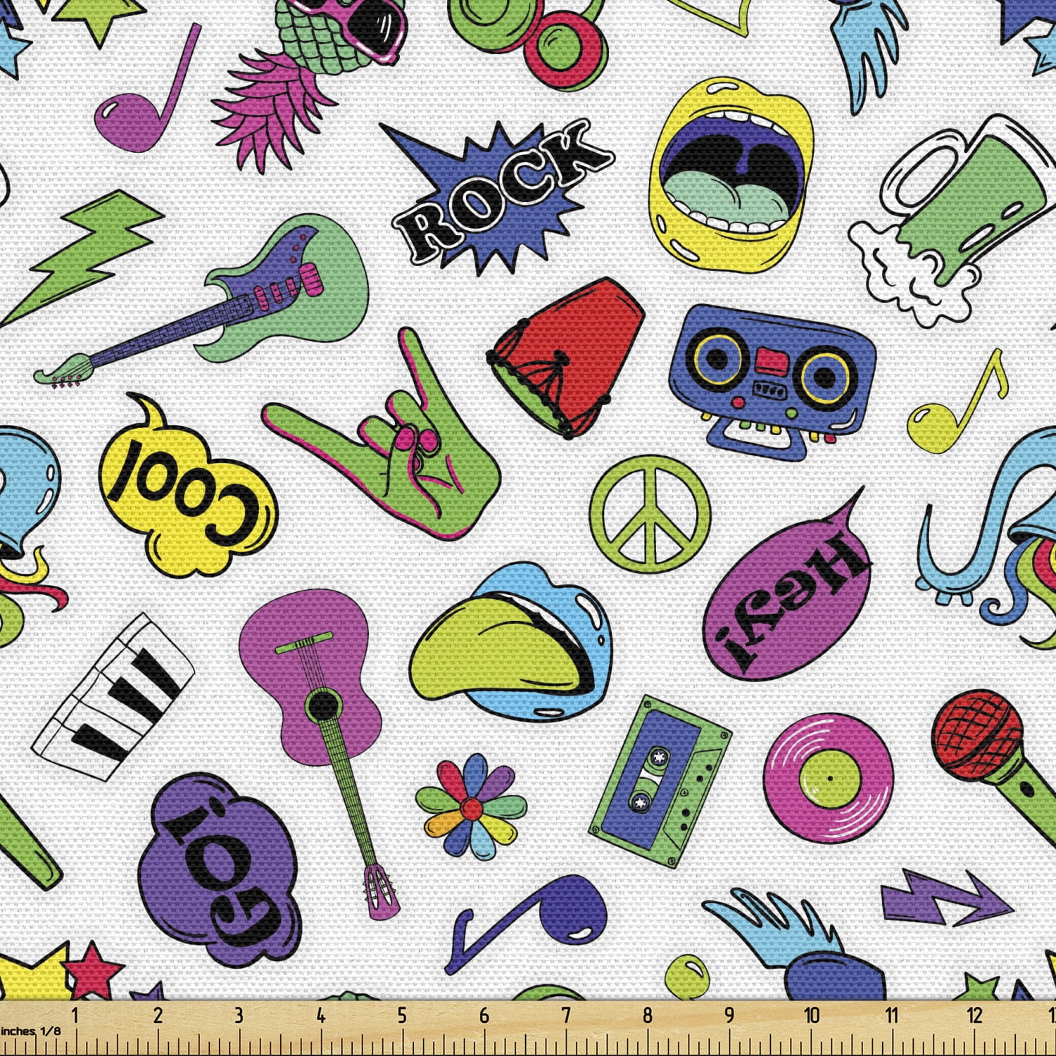 Ambesonne Retro Fabric by the Yard Upholstery, Colorful Music Themed ...