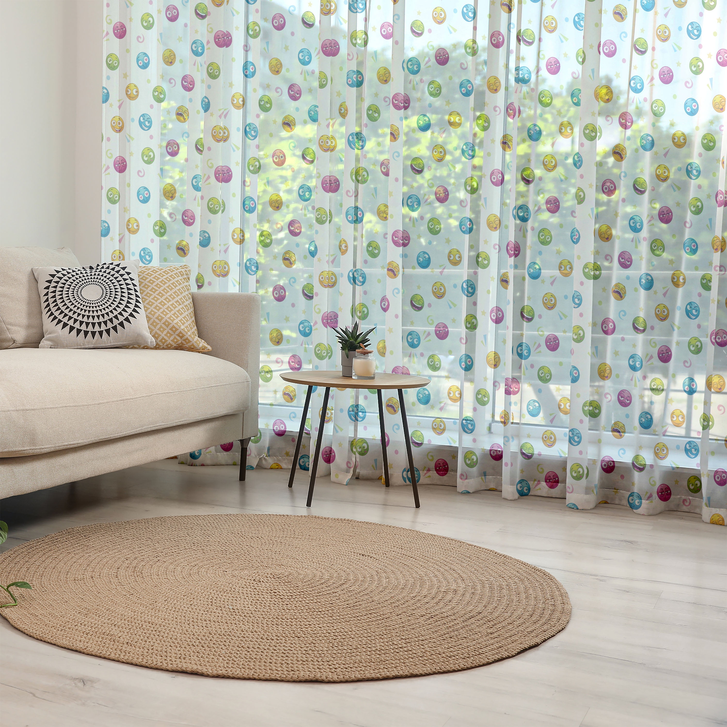 Emoticon Tulle Curtains with Rod Pocket, Round Faces in Colorful Design ...