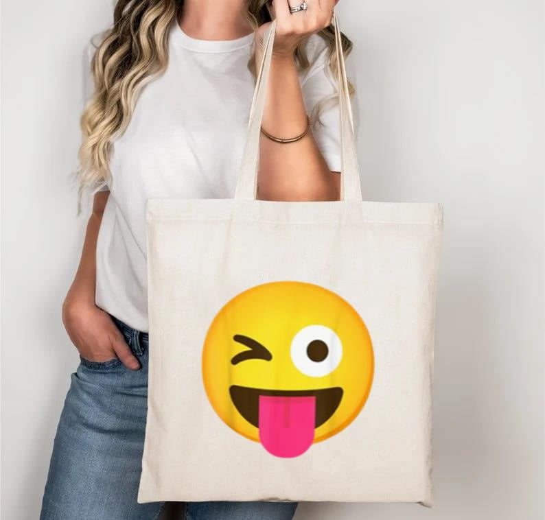 Emoticon Winking Face Funny Flirty Mood Cartoon Emoji Expression Tote ...