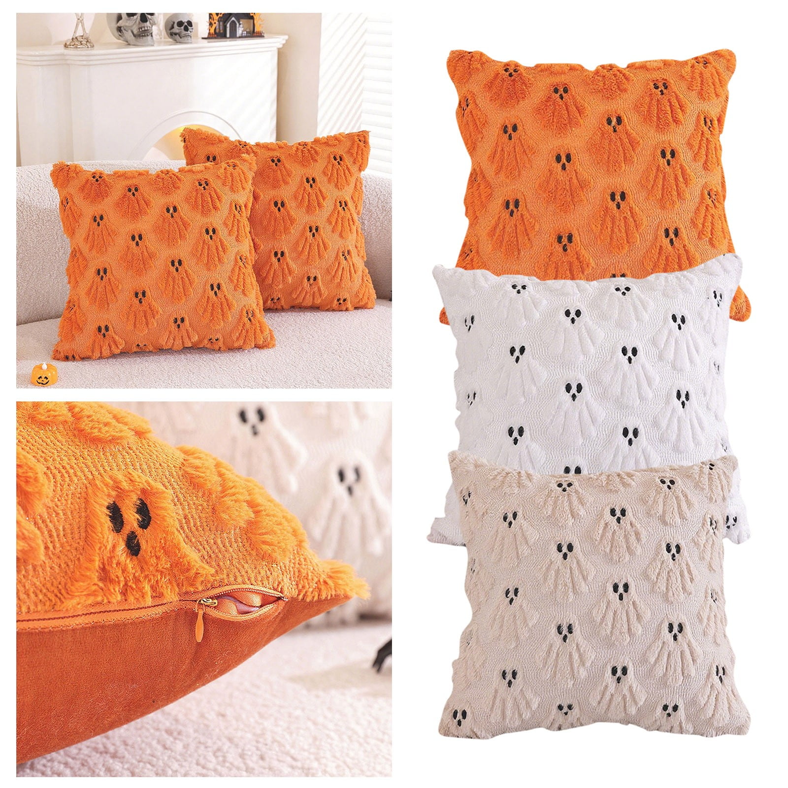 Emotion Halloween Ghost Decorative Pillow Covers 18x18, Beige Soft Plush Faux Fur Farmhouse ...