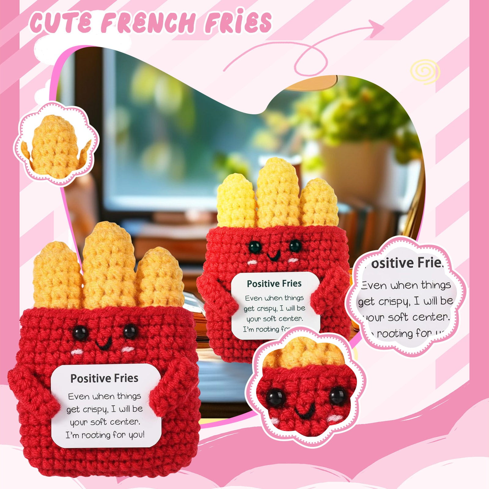 Emotional Support Crochet Positive Fries Gift: 3.15in Handmade Knitted ...