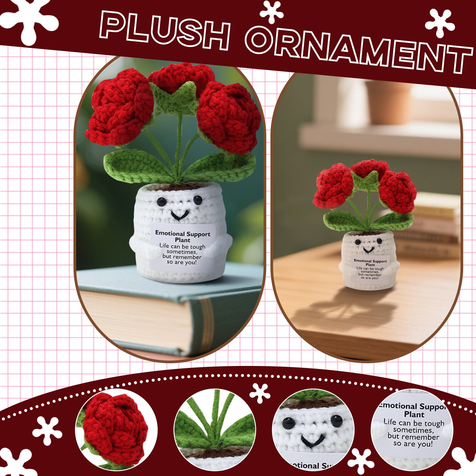 Emotional--support Piant--3 Woolen Homemade Crocheted Roses Potted ...