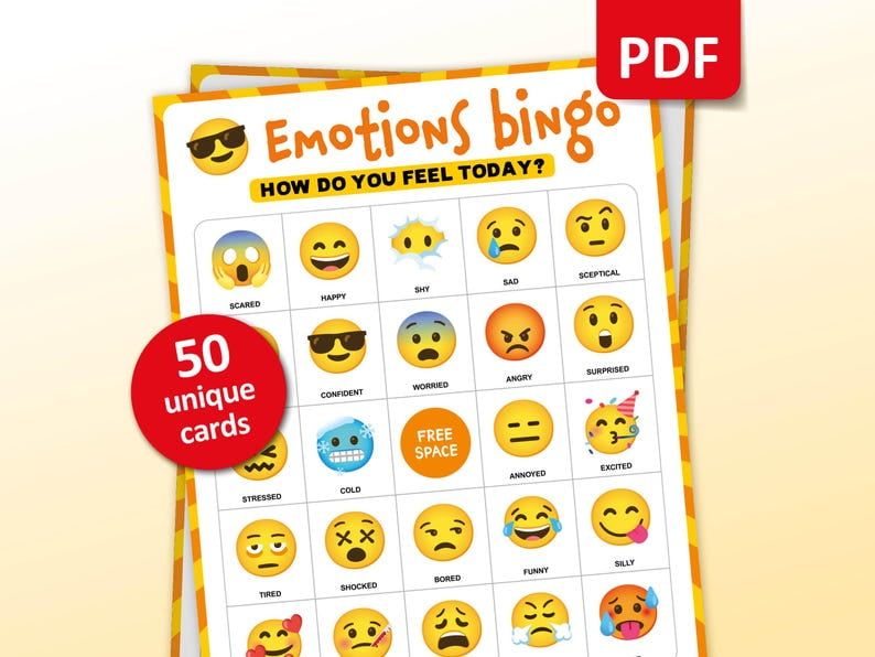 Emotions Bingo, 50 Bingo Cards, Learning Feelings Activity, Emotion ...