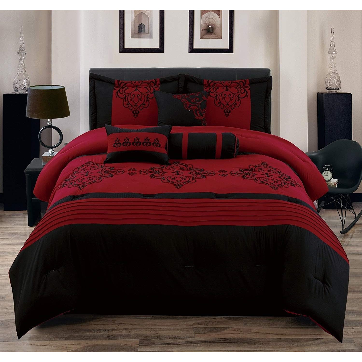 Empire 8 Piece Red & Black Oversized Flocking Comforter Set (Full ...