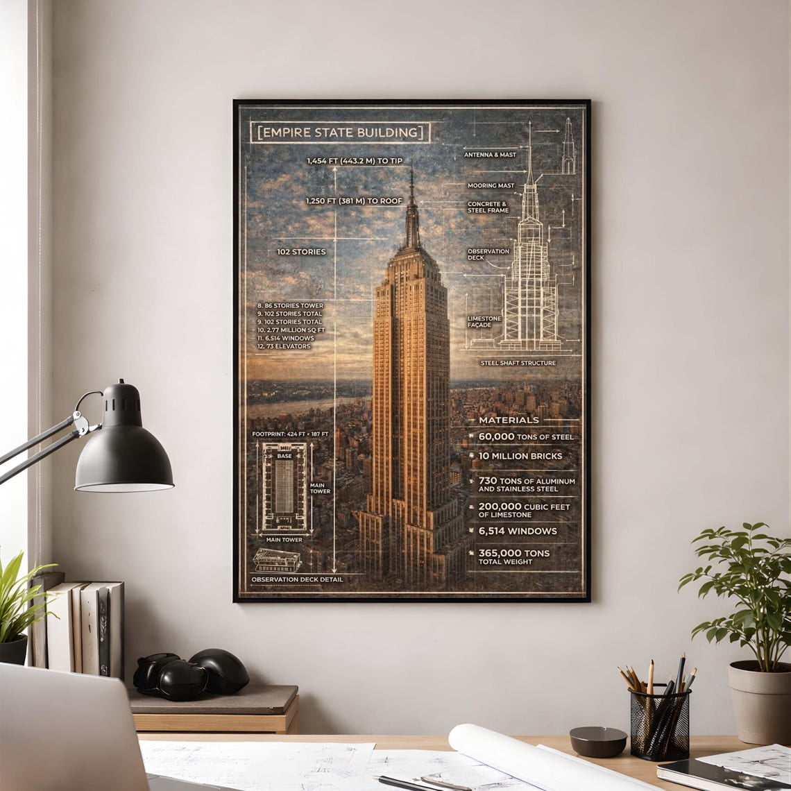 Empire State Building BlueNYC Skyscraper Art Civil Engineer ...