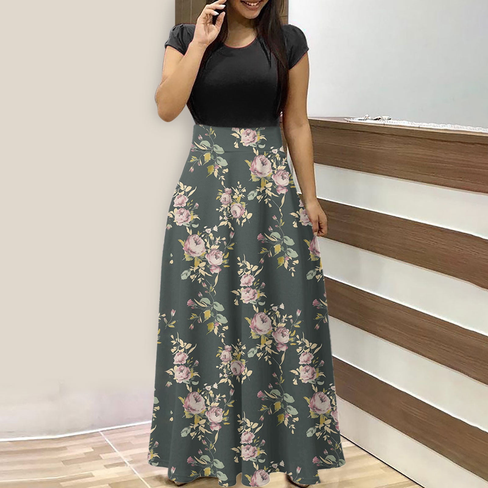 Empire Waist Dresses for Women 2024 Short Sleeve Crewneck Floral Maxi ...