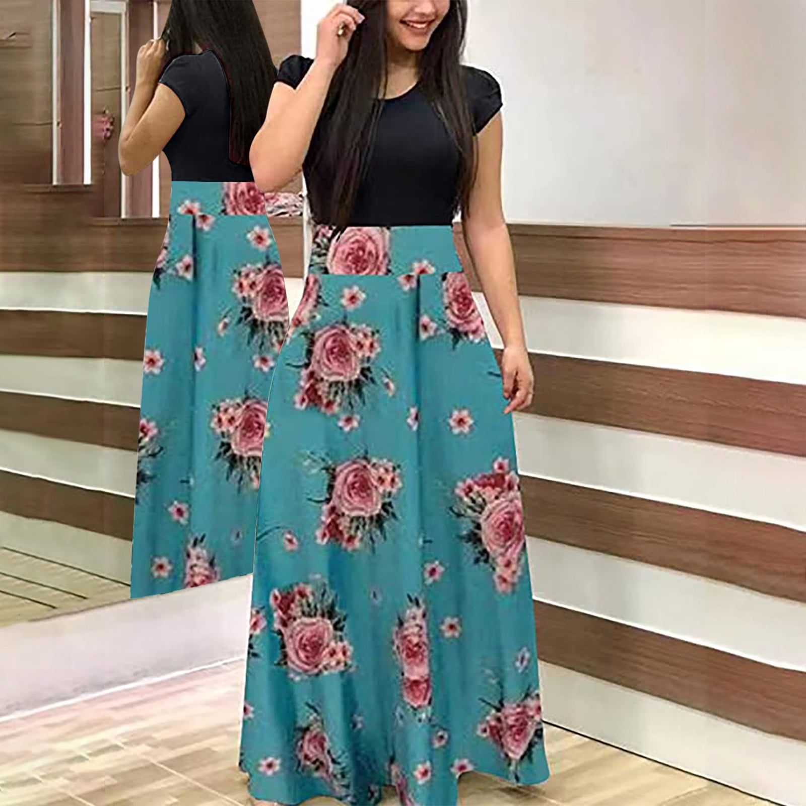 Empire Waist Dresses for Women 2024 Short Sleeve Crewneck Floral Maxi ...