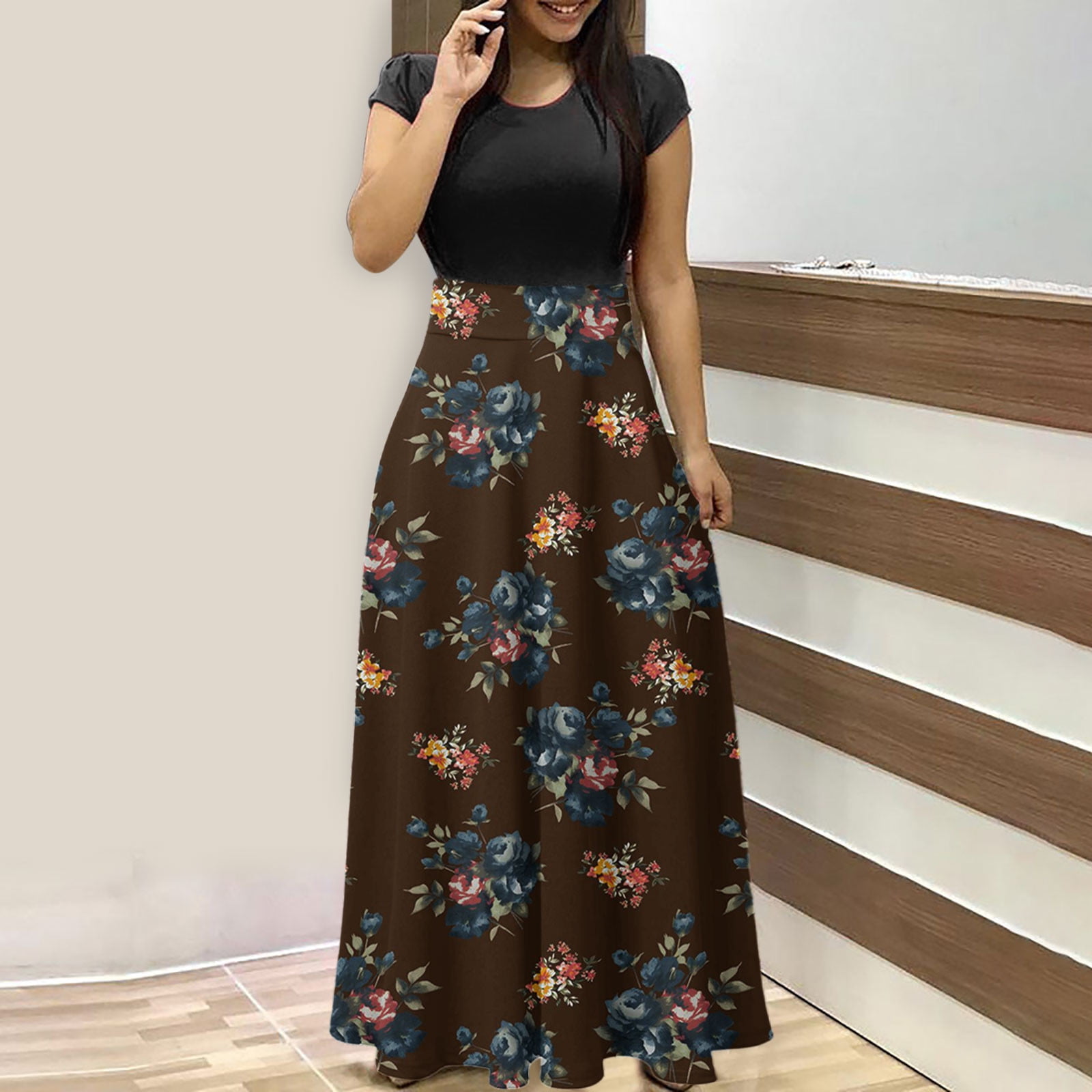 Empire Waist Dresses for Women 2024 Short Sleeve Crewneck Floral Maxi ...