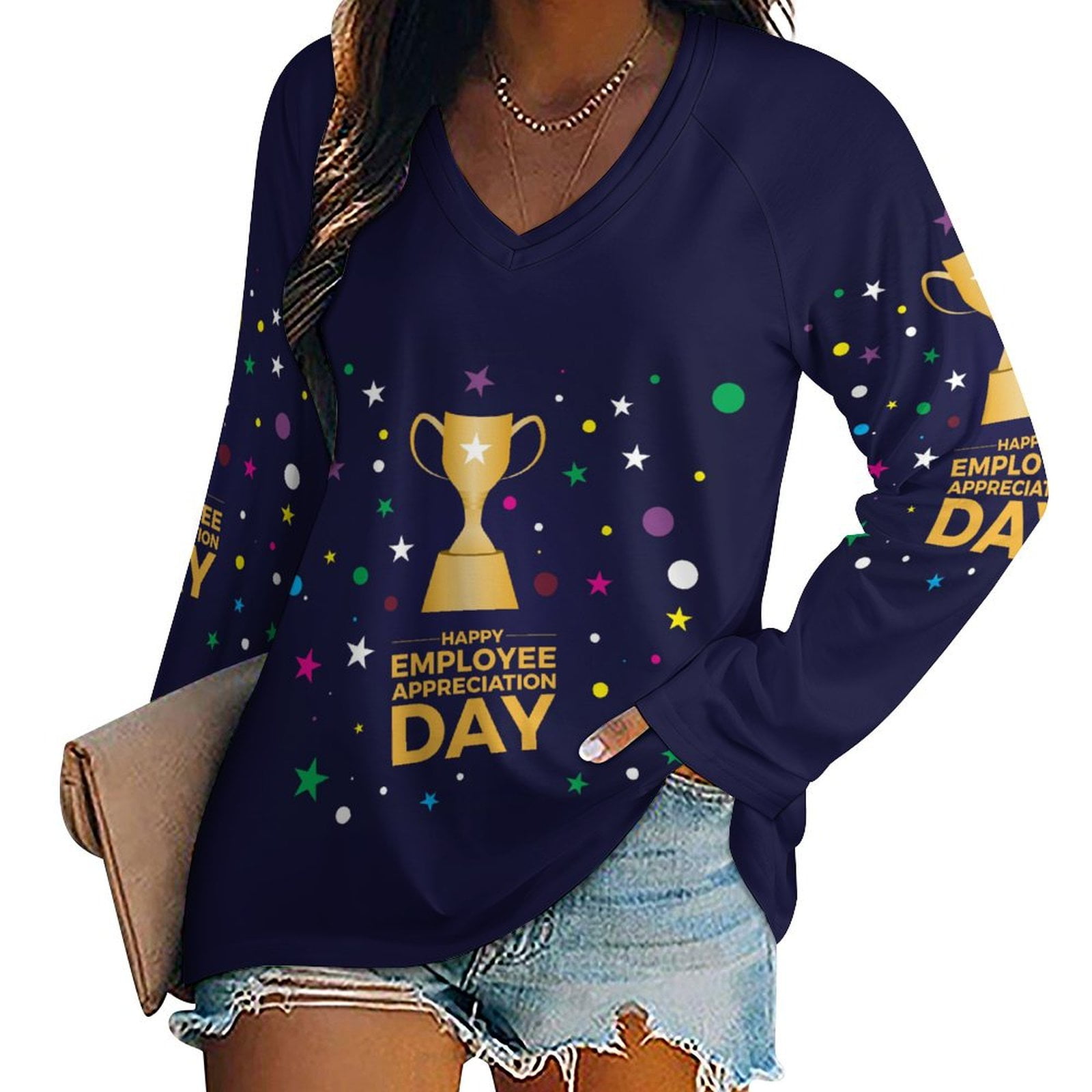 Employee Appreciation Day Women's Long Sleeve Shirts Casual V Neck Tops ...