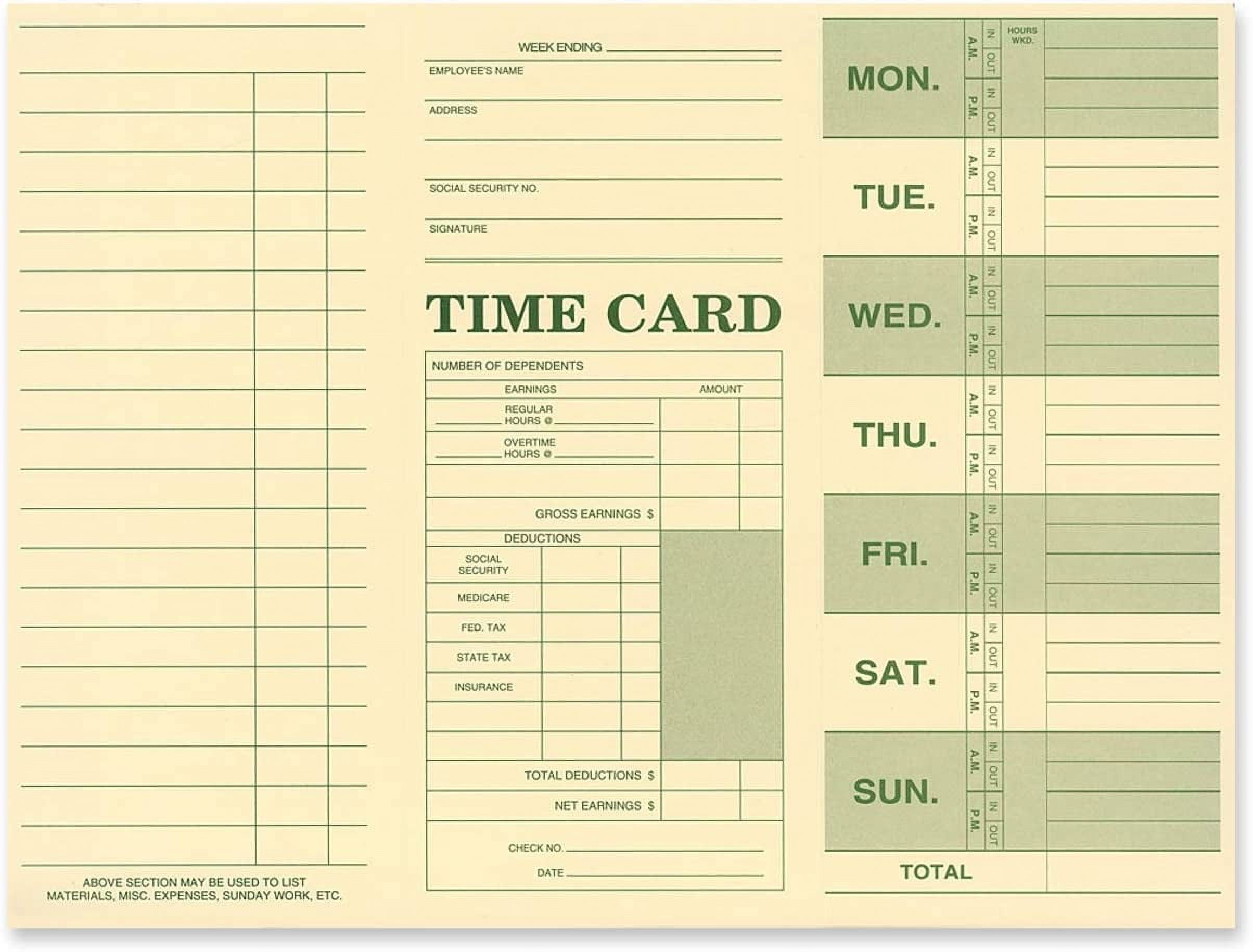 Employee Attendance Weekly Time Card,10.5 x 7.875 inches (Pack of 250 ...