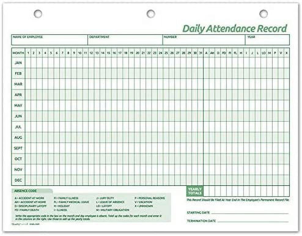 Employee Daily Attendance History Records, Letter Size Cards 25 Forms ...