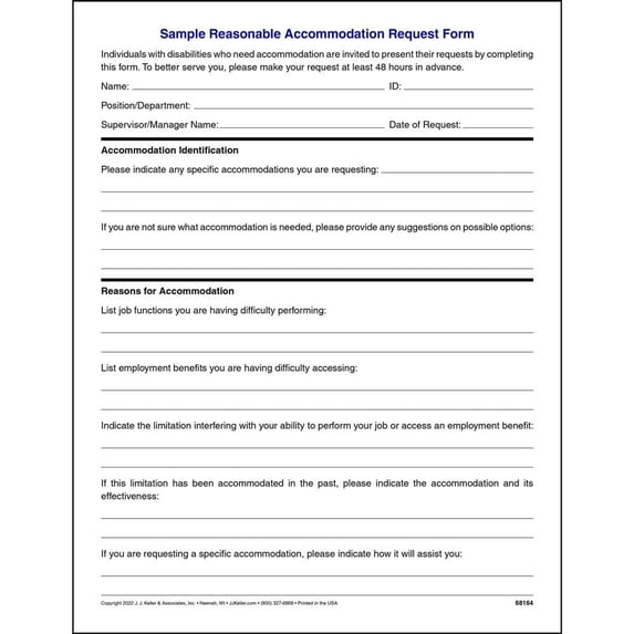 Employee Disability Accommodation Request Form, 2-Sided, Printed on ...