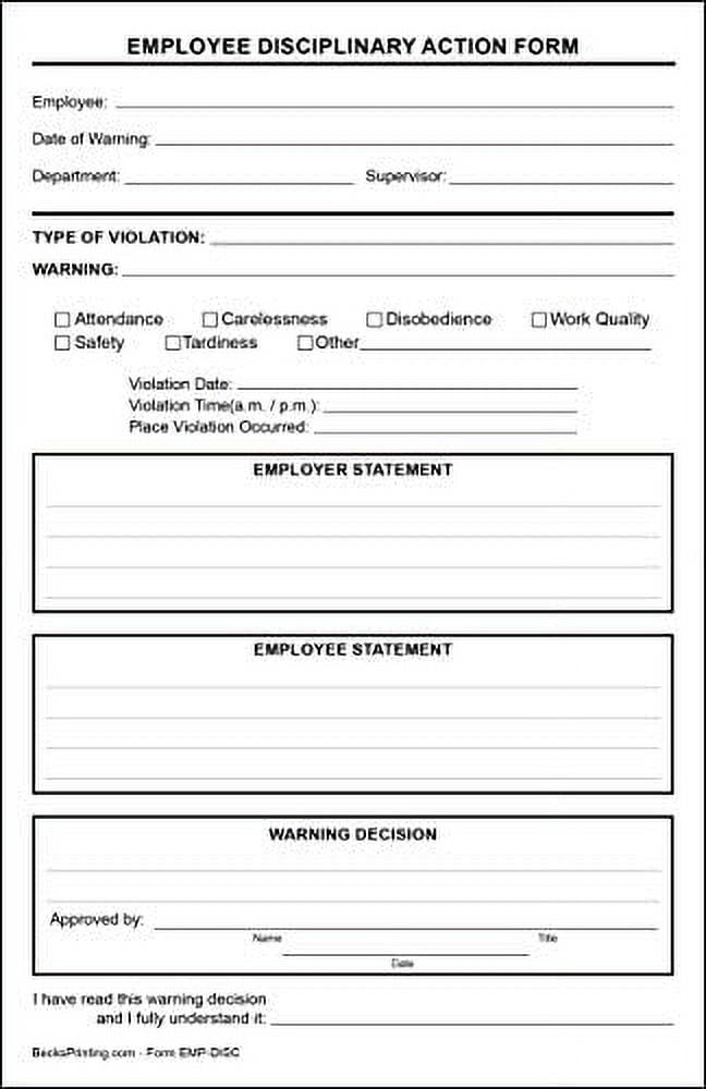 Employee Disciplinary Action Forms 2 Part Carbonless Paper - Pack of ...
