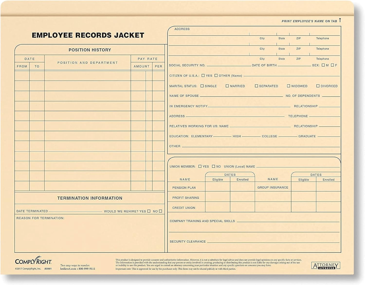 Employee Records Folder, Letter Size, Pack of 25 (A5001) - Walmart.com