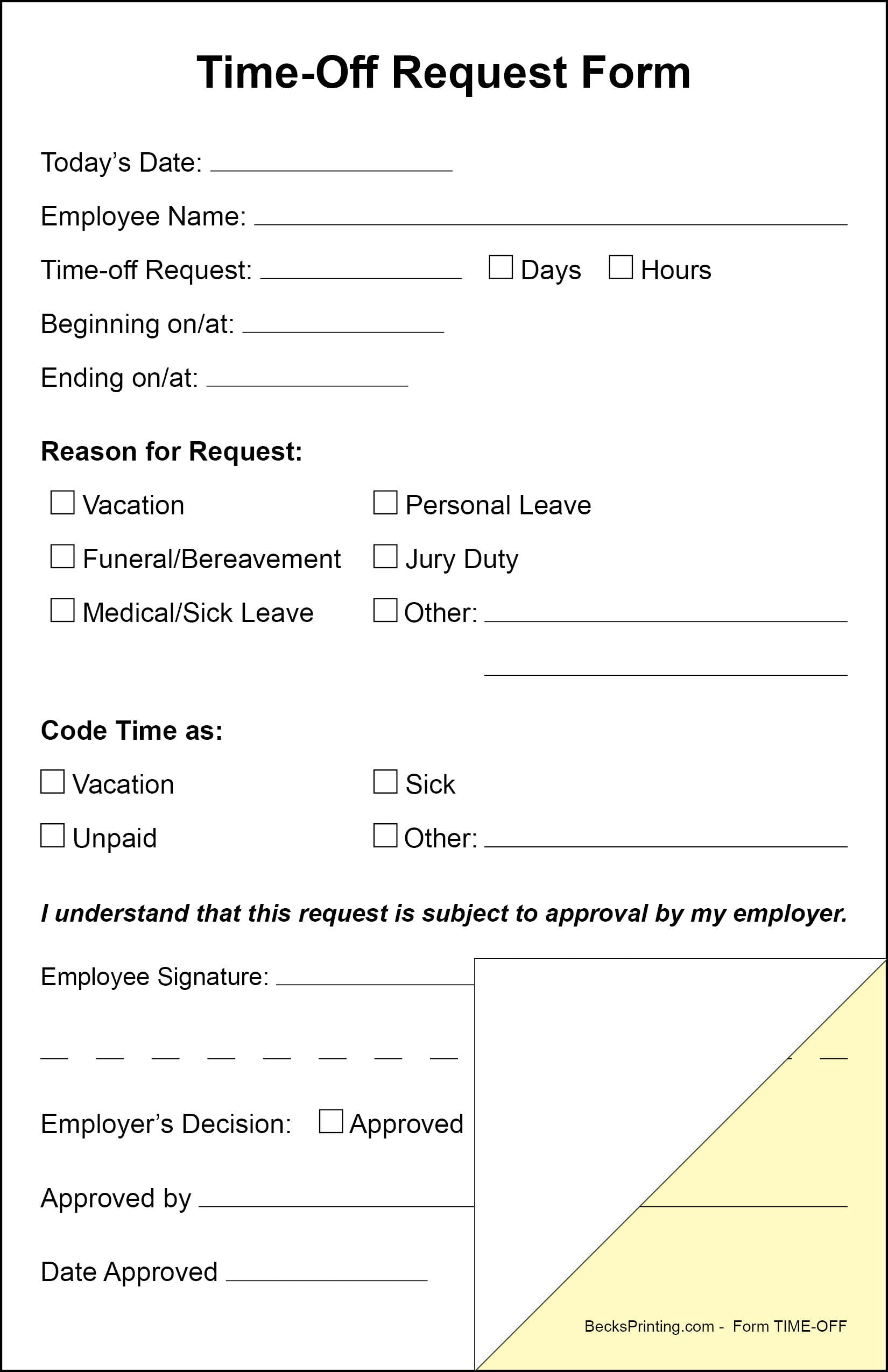 Employee Time Off Request Forms Carbonless Paper 2 Part Set, Pack of ...