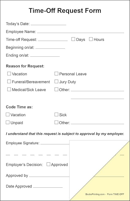 Employee Time Off Request Forms on 2 Part Carbonless Paper (Pack of 250 ...