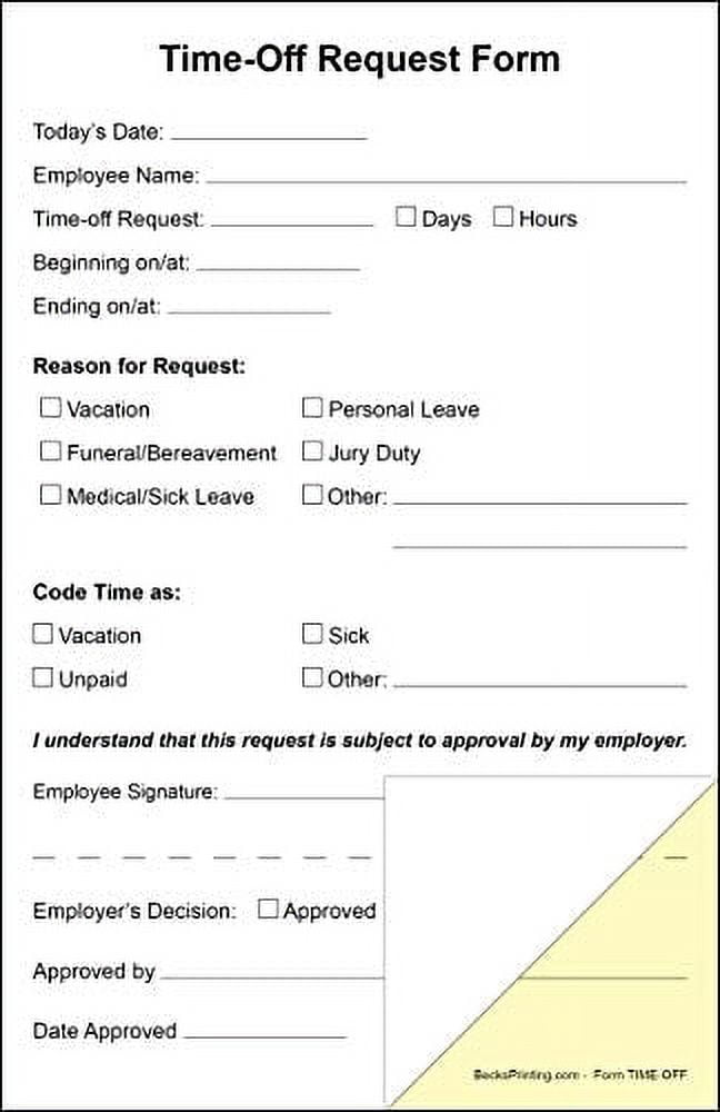 Employee Time Off Request Forms on 2 Part Carbonless Paper (Pack of 500 ...