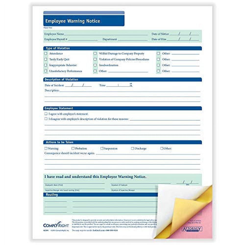 Employee Warning Form | 8-1/2” x 11” | Discipline Form | 50 Pack ...