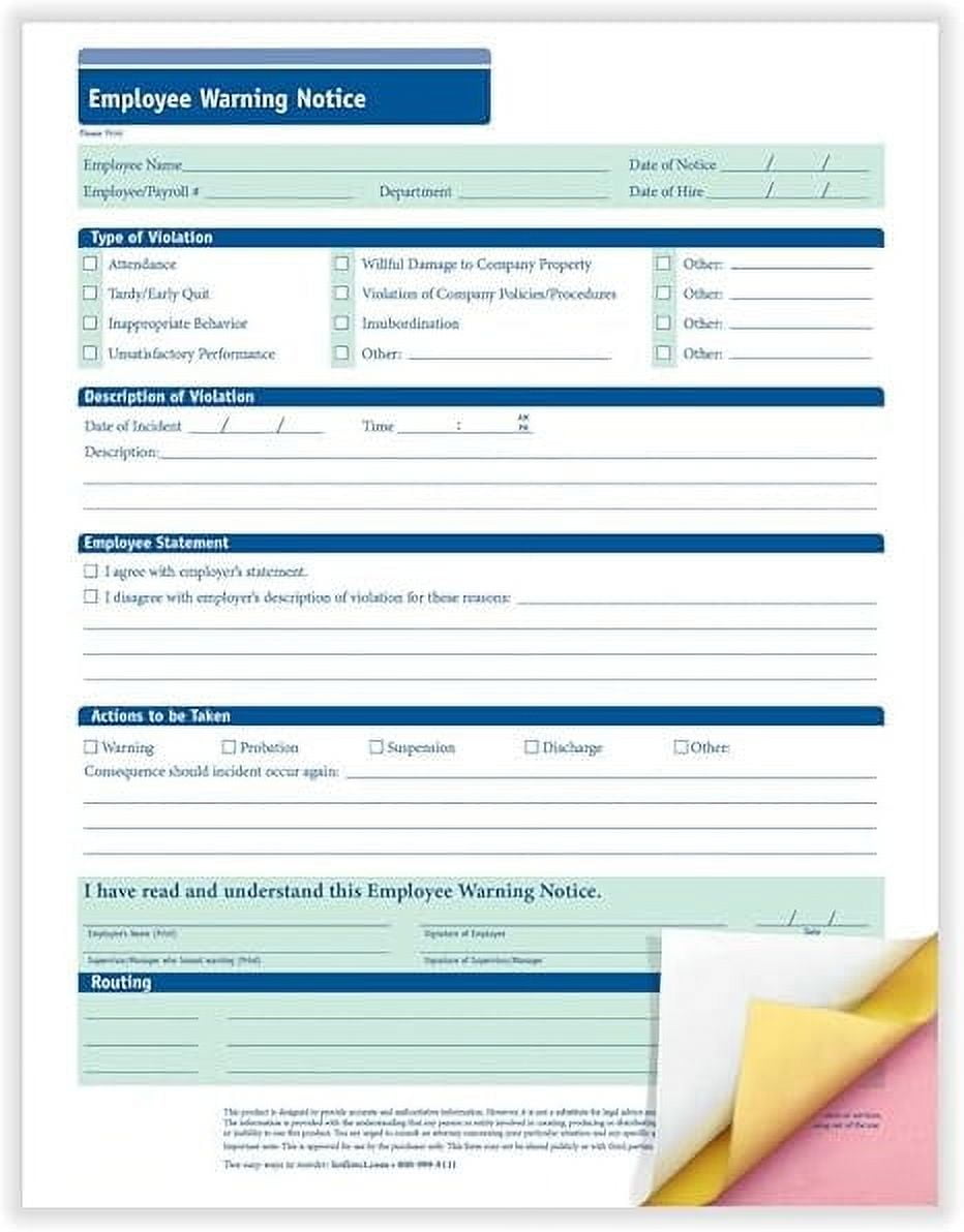 Employee Warning Notice, 3-Part – 8.5” x 11” – Discipline Form – 50 ...