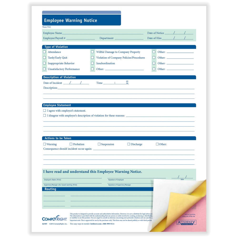 Employee Warning Notice Form 3-Part Carbonless, 8.5 x 11 Inches, 50 ...