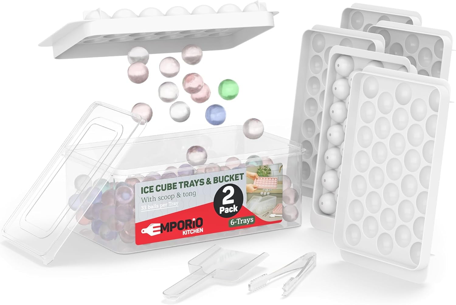 Emporio Kitchen Round Ice Cube Tray 2 Pack with Lid & Tongs,Stackable ...