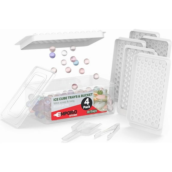 Emporio Kitchen Round Ice Cube Tray 4 Pack with Lid & Tongs,Stackable ...