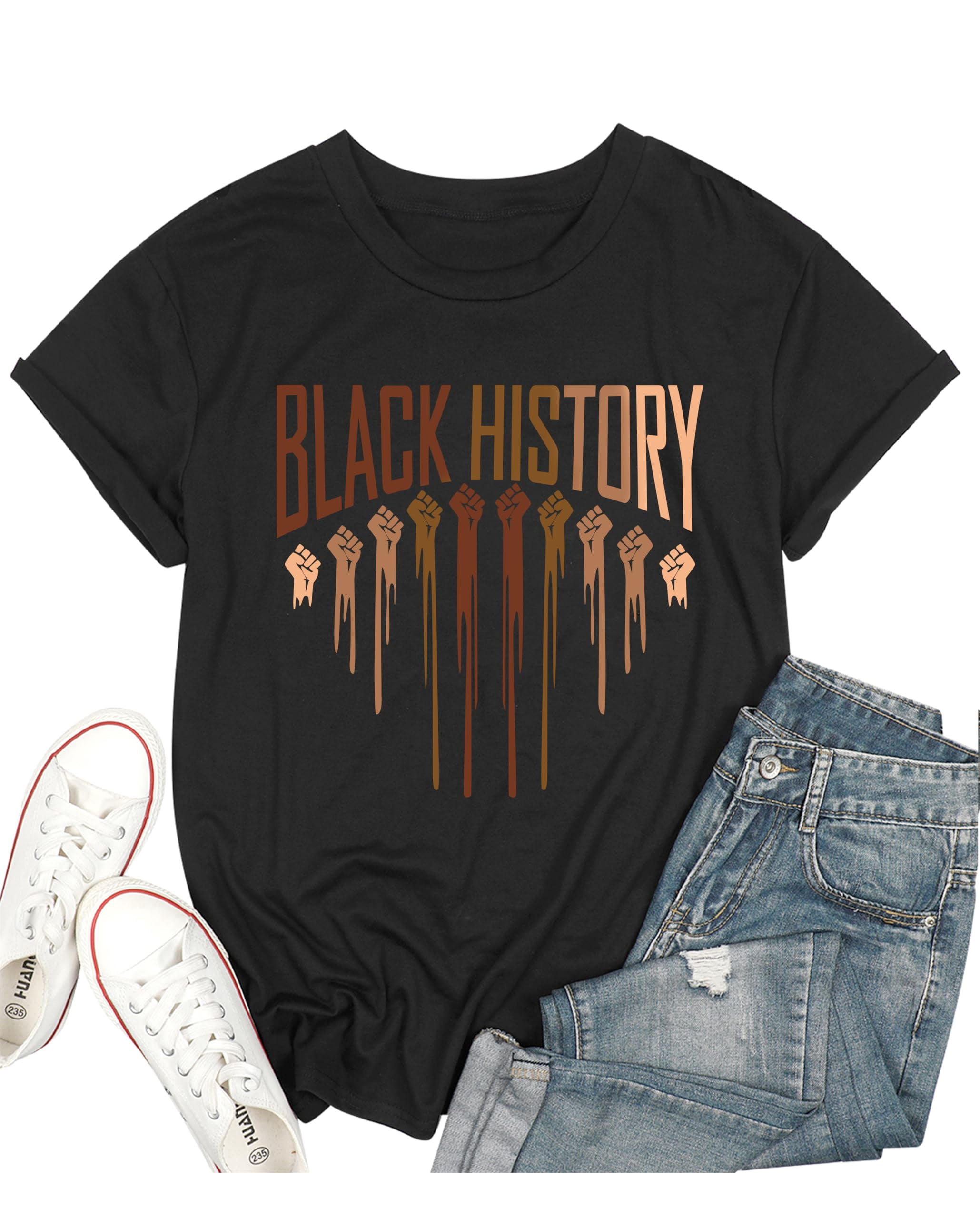 Empowering Black History Raised Fists Graphic T-Shirt for Women to ...
