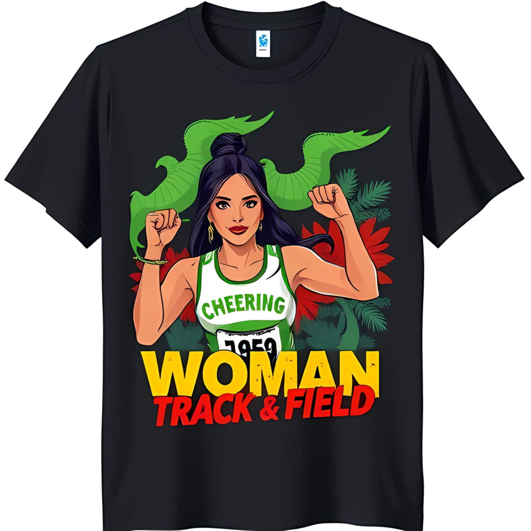 Empowering Black T-Shirt with Woman Runner Graphic 'CHEERING' Track ...