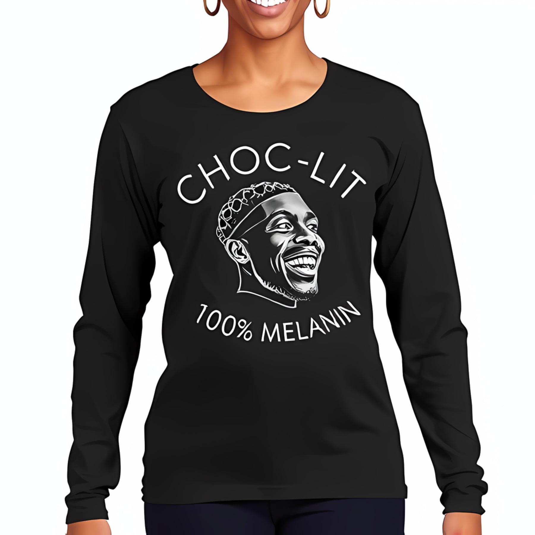 Empowering Long Sleeve T-Shirt with 'CHOC - LIT' Graphic & '100% MELANIN' Design - Celebrate ...