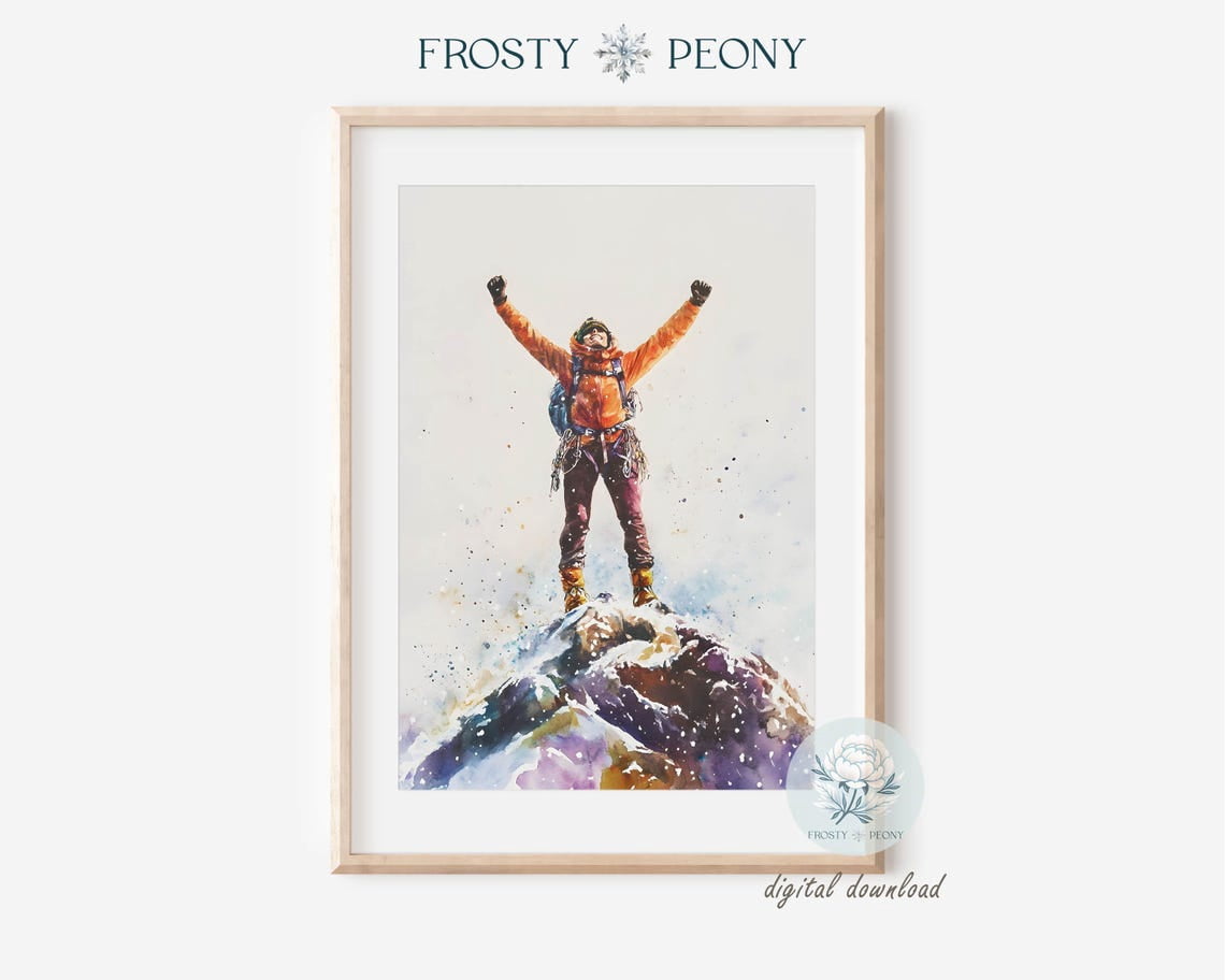 Empowering Mountain Hiker Art Print, Inspirational Watercolor Wall Art ...