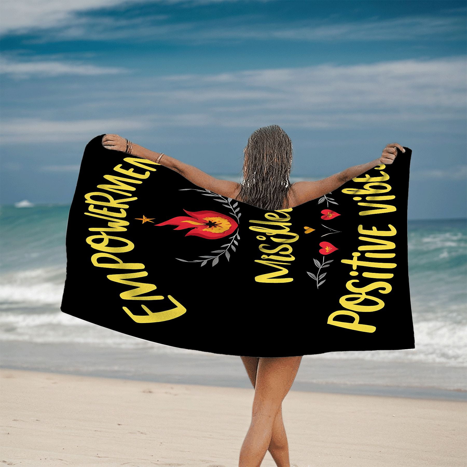 Empowerment Beach Towel - Bold Black Design with Yellow Curved Text ...
